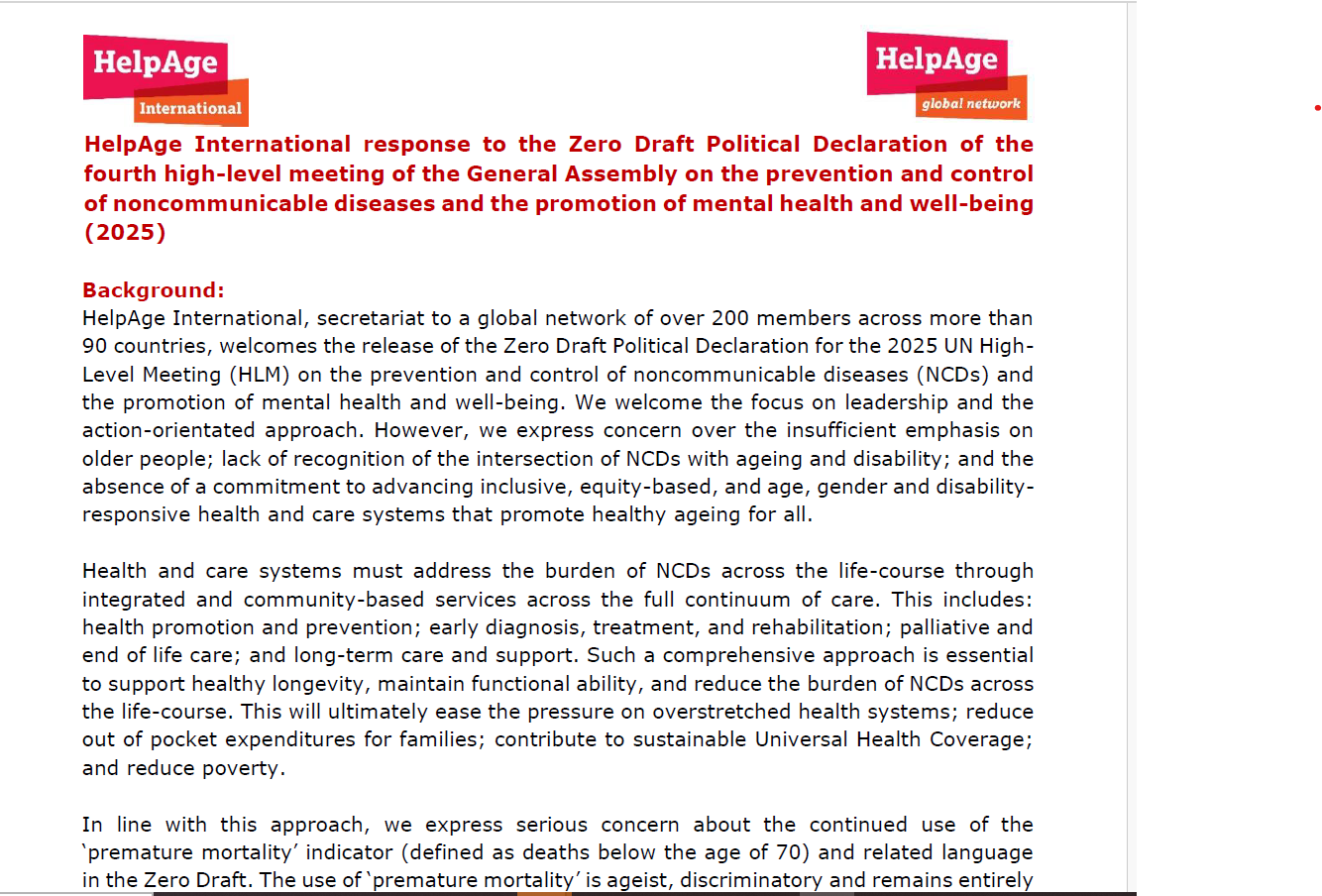 HelpAge Global Network Response - Zero Draft Political declaration of the fourth HLM on NCDs and ...